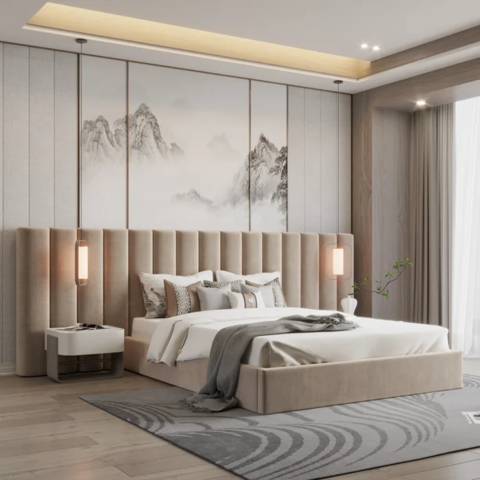 Taupe Velvet Channel Grand Bed - Coziness Home